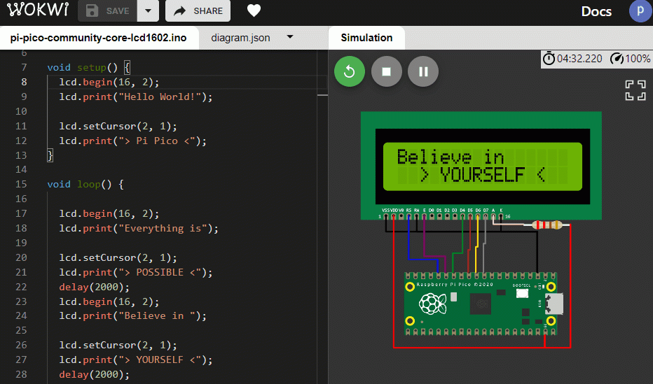 Virtual Raspberry Pi Pico Simulator to interface LCD1602 to Pico ...
